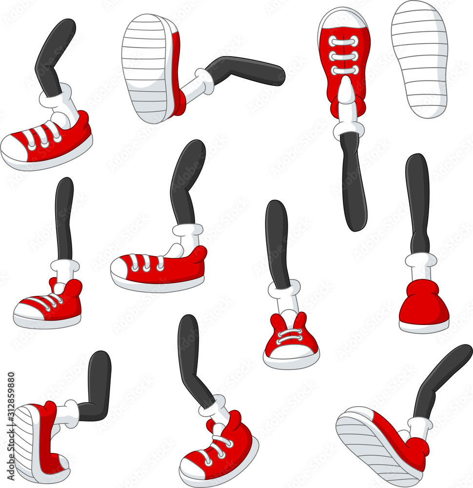 Cartoon walking feet in red sneakers on stick legs in various positions ...