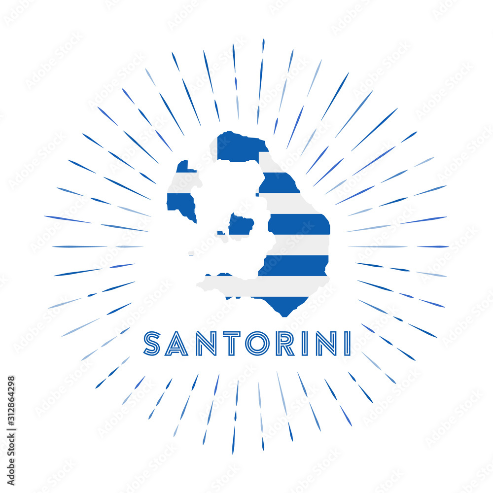 Santorini sunburst badge. The island sign with map of Santorini with ...
