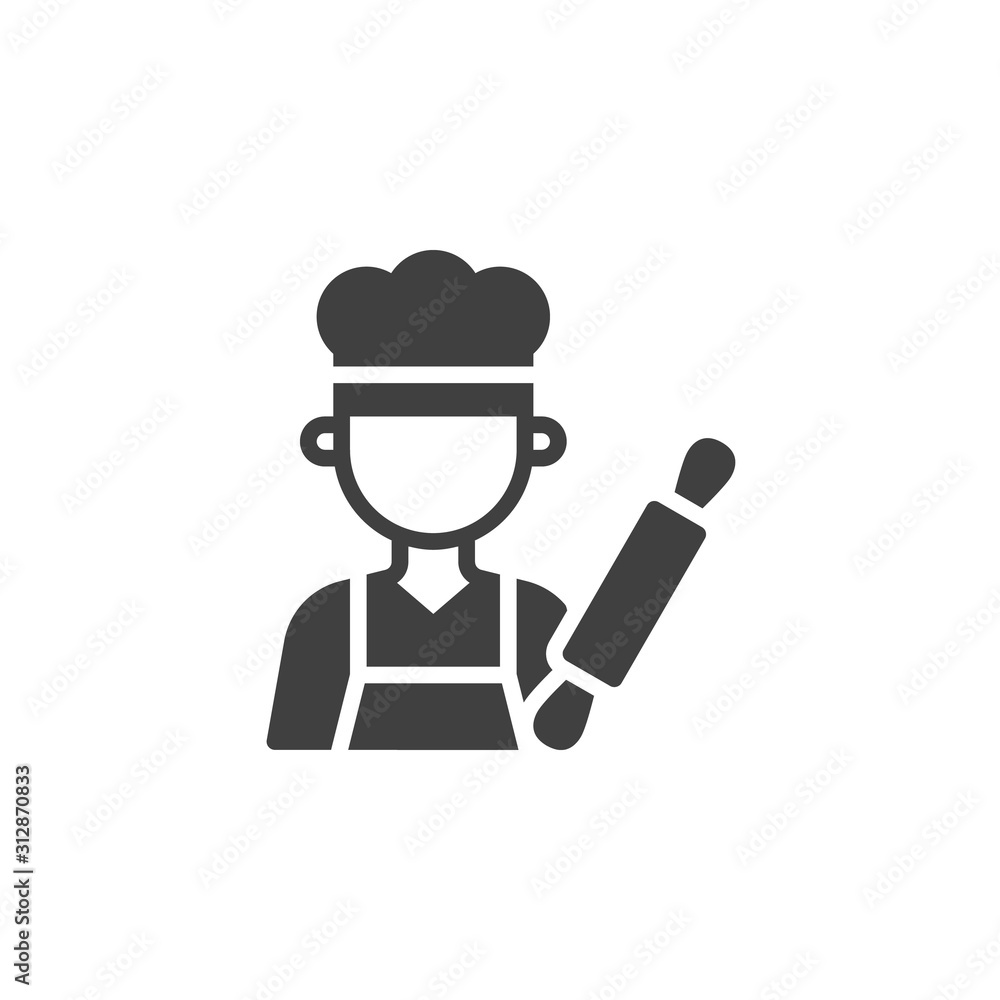 Pastry baker man with rolling pin vector icon. filled flat sign for ...