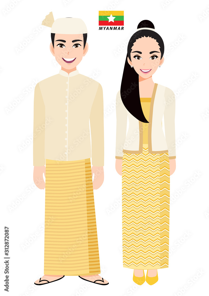 Couple of cartoon characters in Myanmar traditional costume vector ...