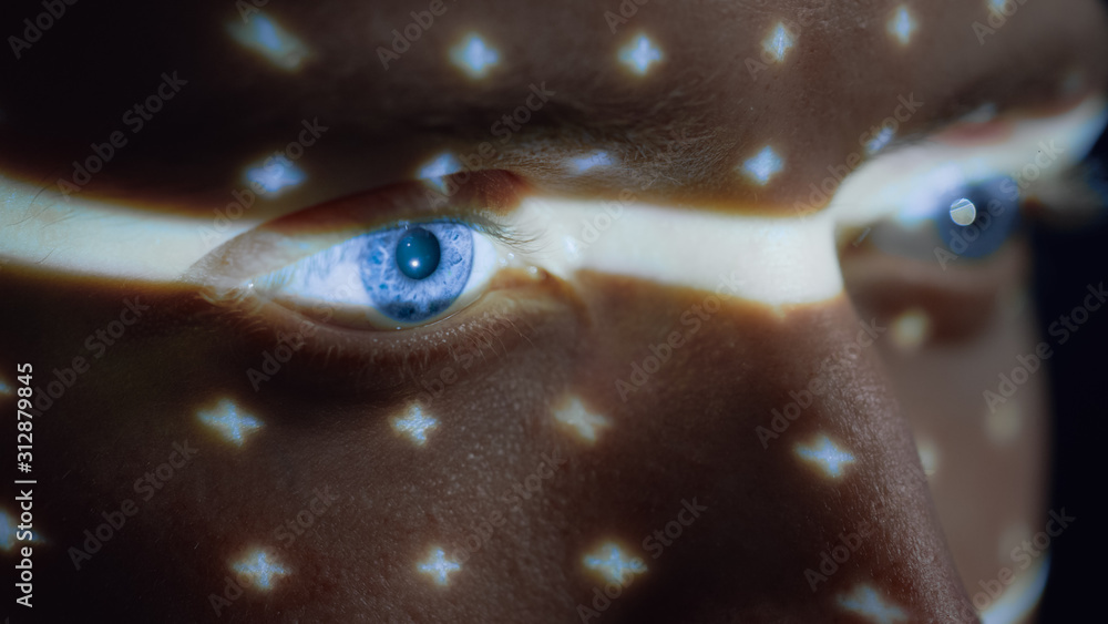 Biometric Facial Recognition Scanning of Blue Eye's Iris. Futuristic ...