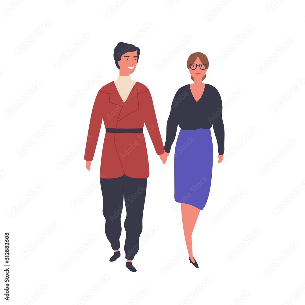 Happy Couple On Stroll Flat Vector Illustration Young Man And Woman