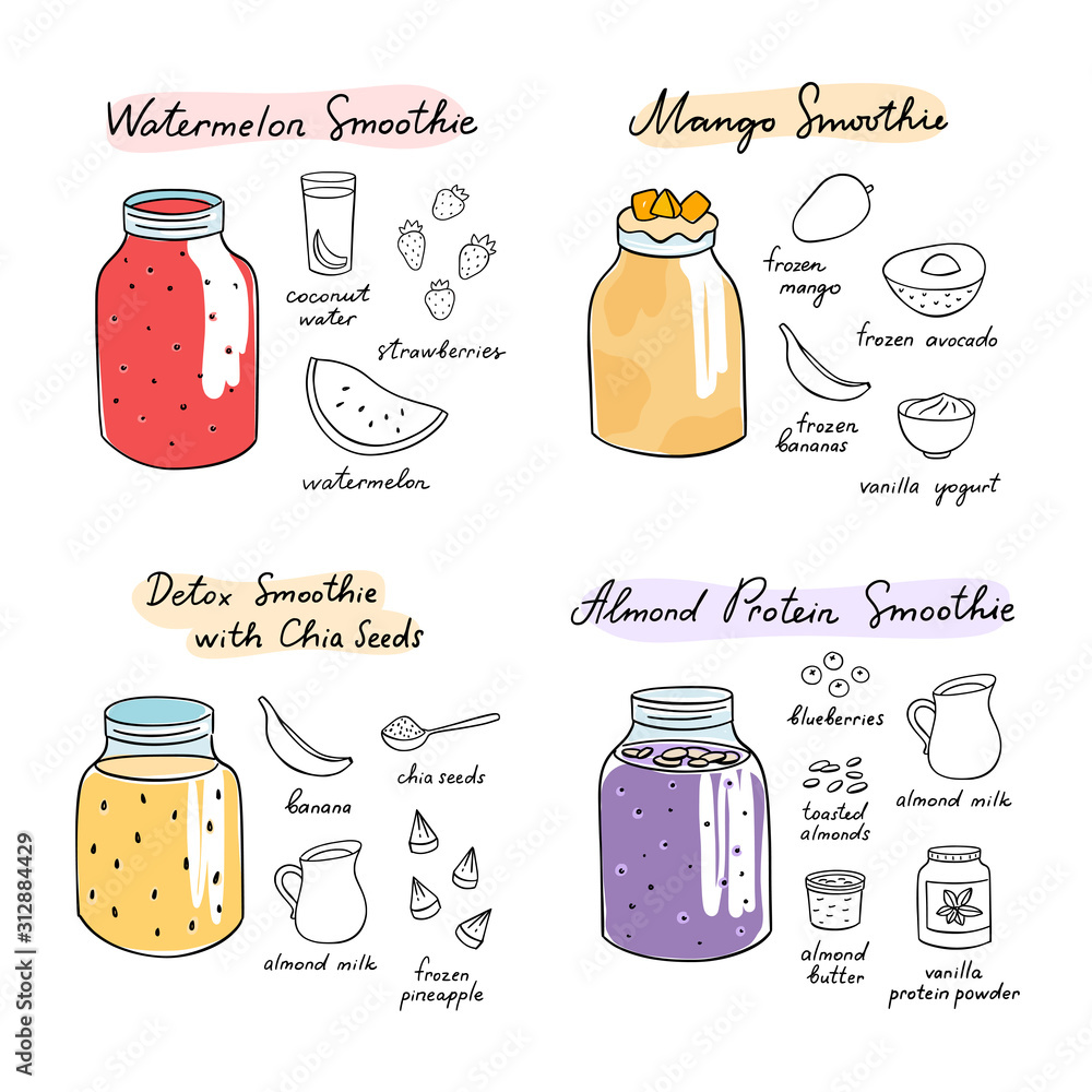 Smoothie hand drawn collection. Vector fruit and vegetables outline ...