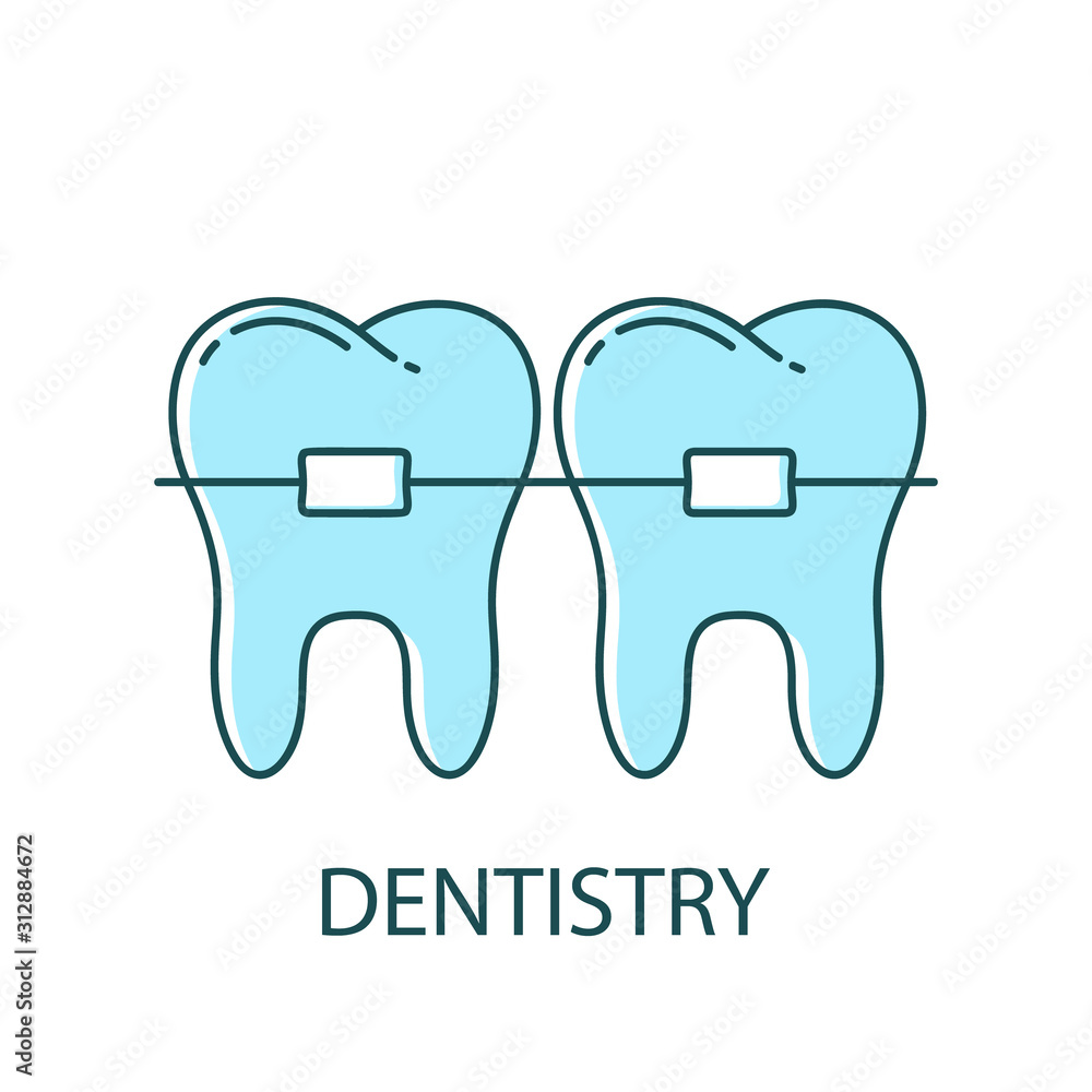 Blue teeth with braces icon. Thin line art template for dentistry logo ...