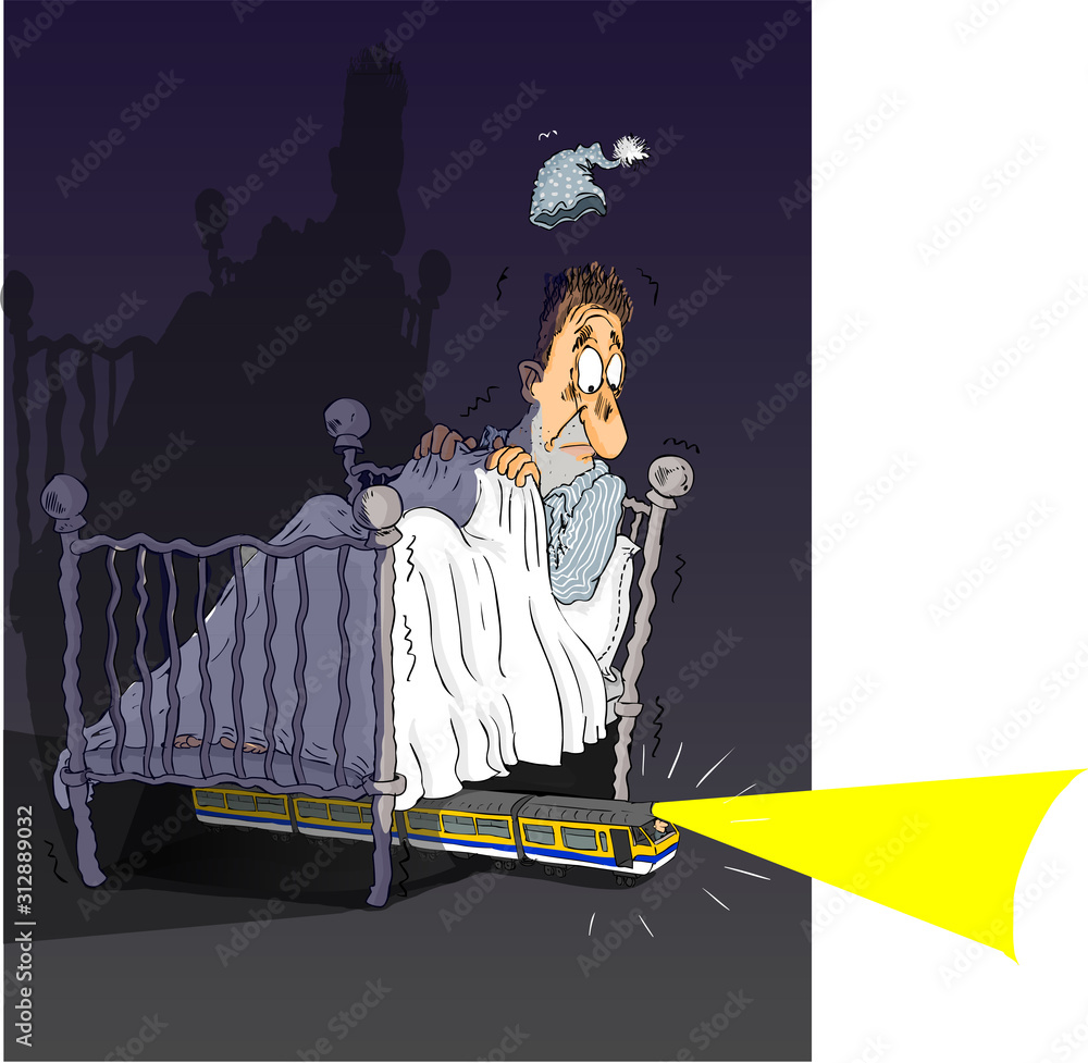 cartoon man cant sleep cuz of a spooky train under the bed . Stock ...
