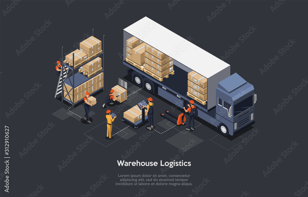 Isometric warehouse logistics concept. Modern interior of warehouse ...
