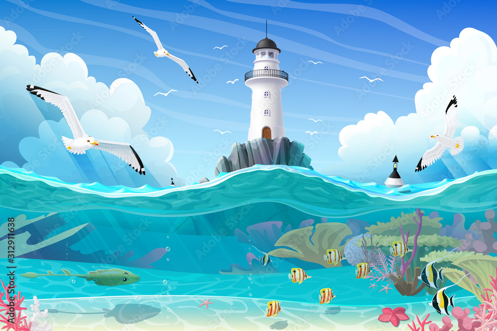 vector cartoon Lighthouse sea clipart Stock Vector | Adobe Stock