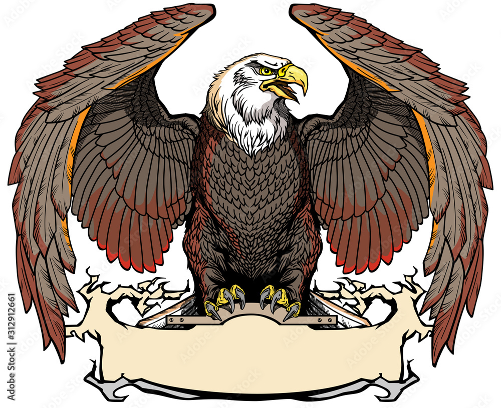 Eagle with opened its wings sitting on the blank ribbon. Front view ...