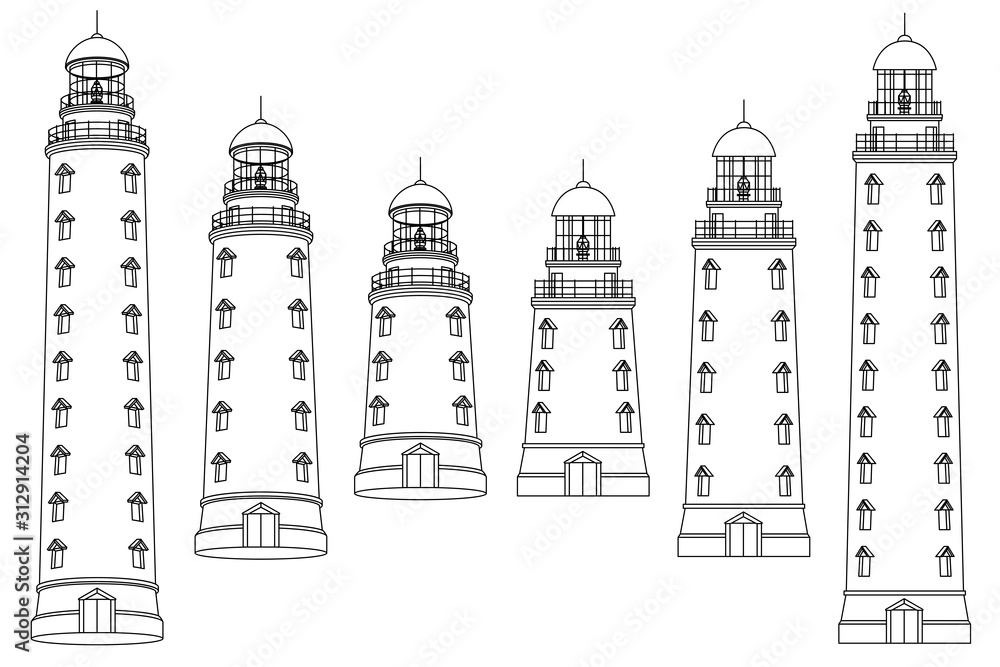 Póster vector black, white outline Lighthouse beacon set – Cuadro para ...