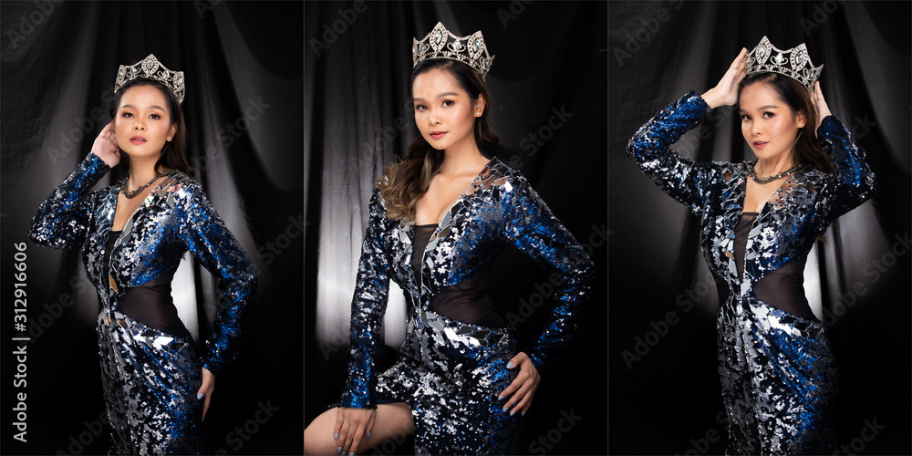 Portrait of Miss Pageant Beauty Contest in Blue Silver sequin Evening ...