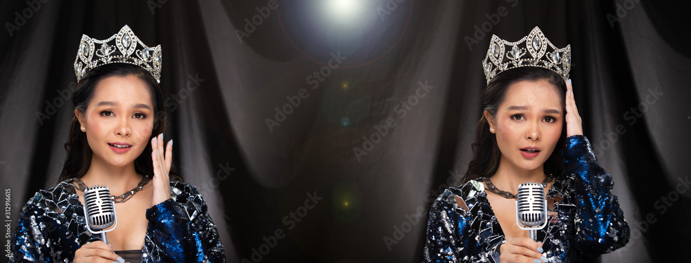 Portrait of Miss Pageant Beauty Contest in Blue Silver sequin Evening ...