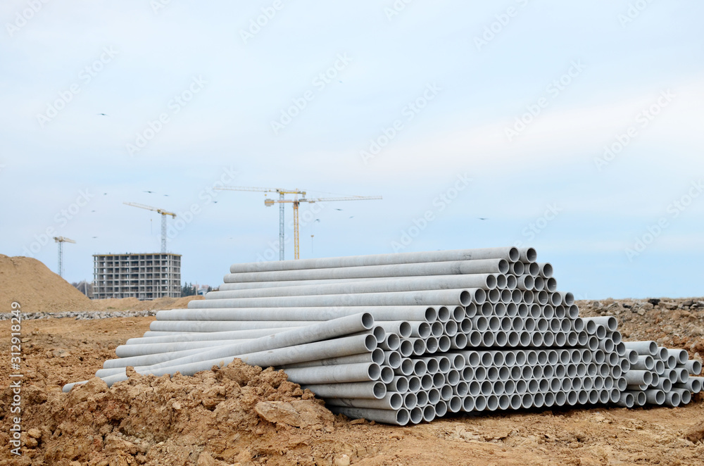 Concrete drainage pipes.Construction of main water supply pipeline ...