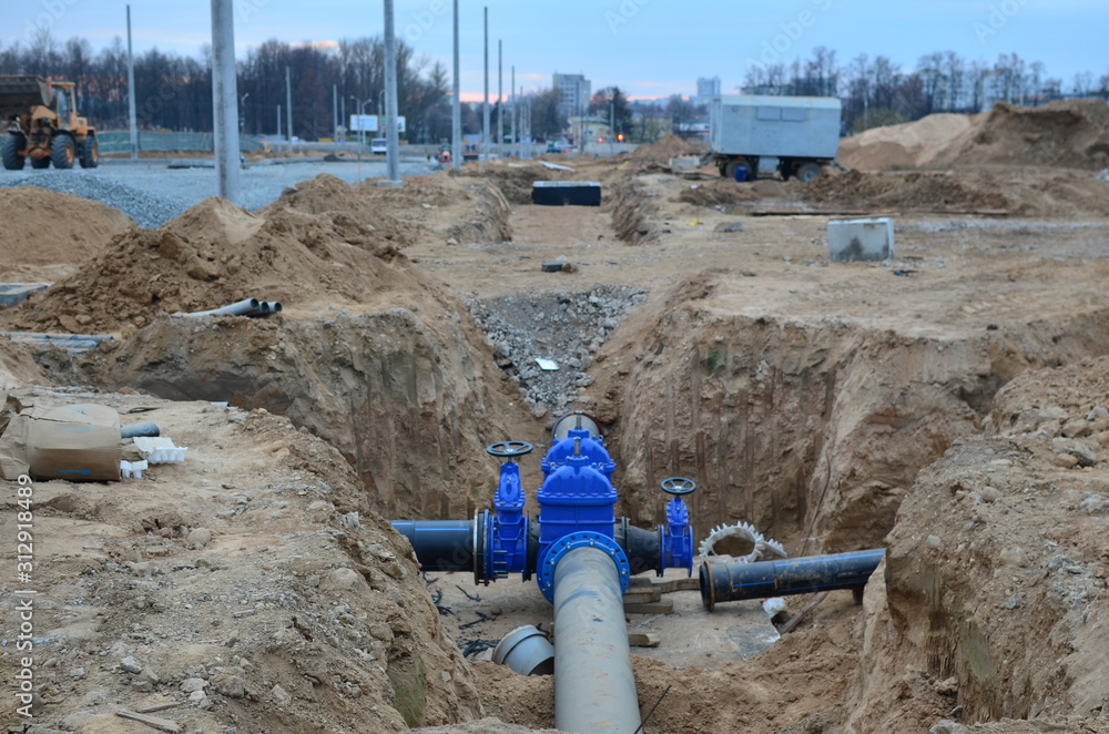 Construction of main water supply pipeline. Laying underground storm ...