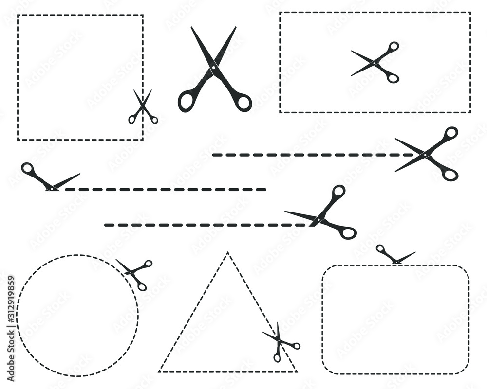 Scissors icon shape with seamless cut line template. Paper cutting ...