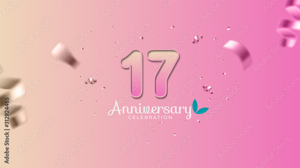 17th anniversary. Gradient pink and yellow Numbers with sparkling ...