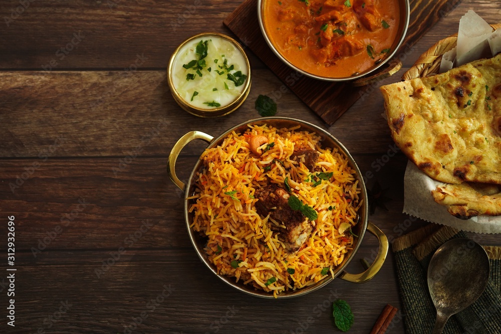 Indian meal / Restaurant menu concept - Mutton biryani, butter chicken ...