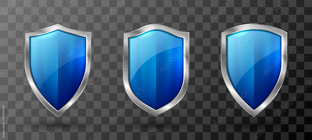 Blue shield metal frame realistic vector illustration. Blank blue glass ...