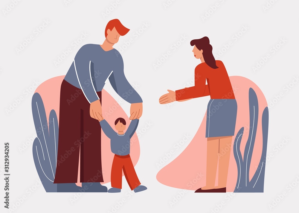 Caring cartoon parents helping learning little baby son walk outdoor ...