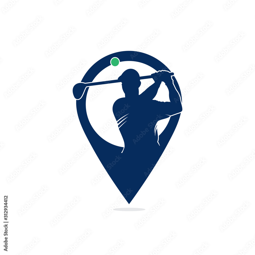 Golf club map pin shape concept vector logo design. Golf player hits ...