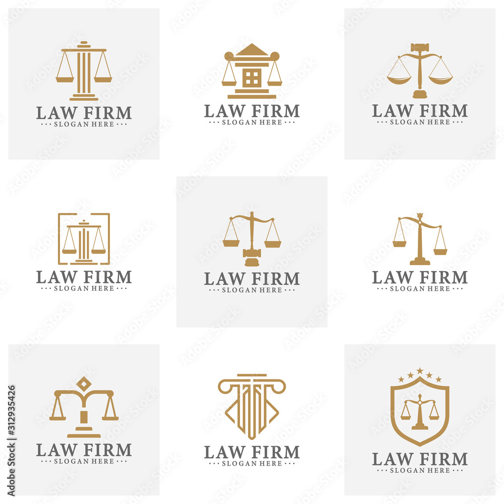 Law office logotypes set with scales of justice, gavel etc ...