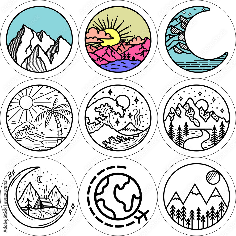 Vetor de Set of simply stylized stickers with mountains, waves, pines ...