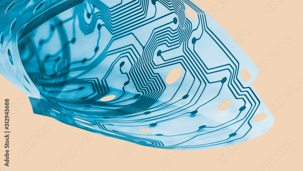 Electronic flex circuit board detail on blue plastic membrane curled to ...