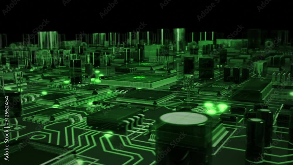 Flying over a futuristic circuit board with moving electrons ending on ...