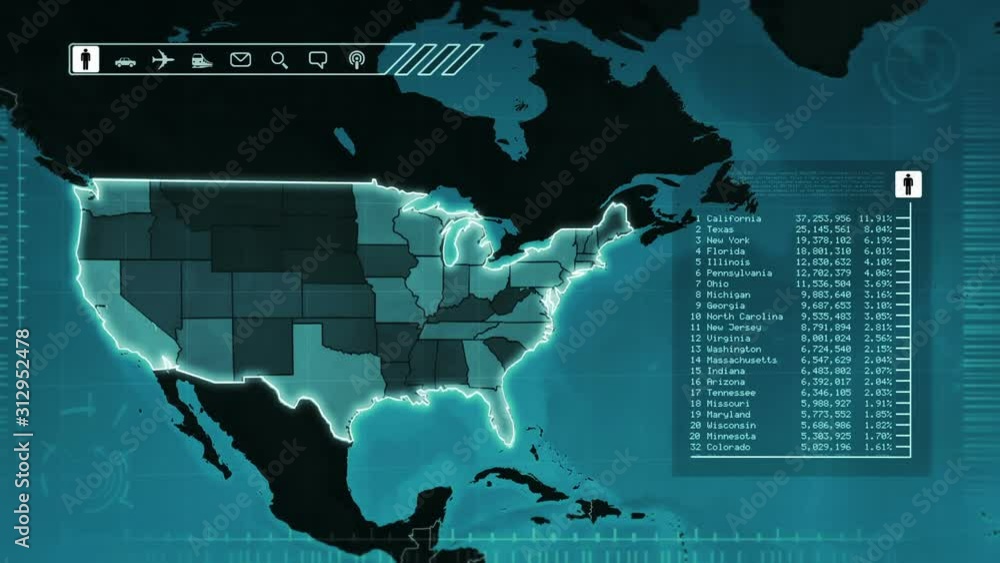 World map with US statistics: Population, Airports, Routes and ...