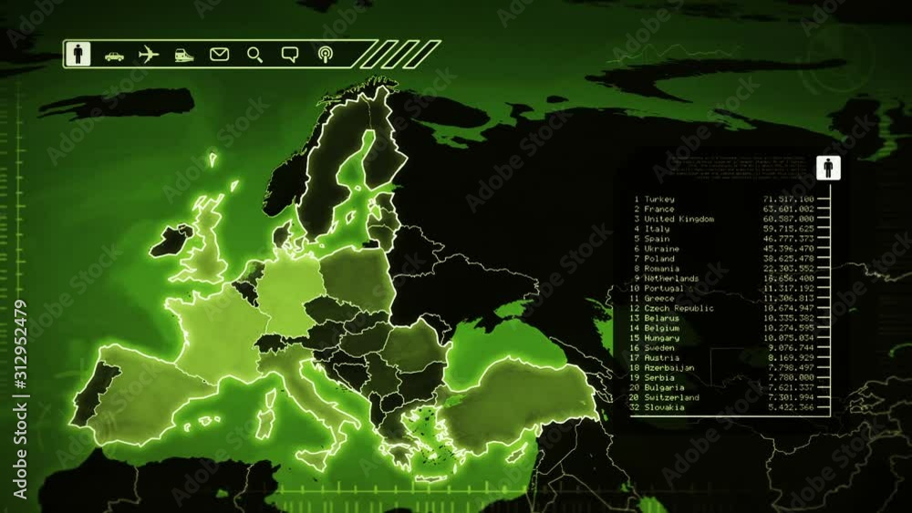 World map with European statistics: Population, Airports, Routes and ...