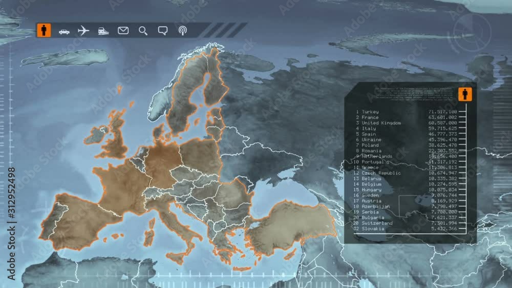 World map with European statistics: Population, Airports, Routes and ...