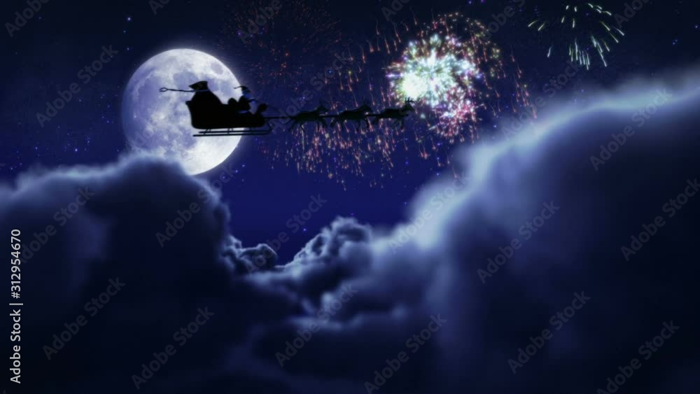 Santa flying with fireworks over full moon. 2 videos in 1 file. Santa ...
