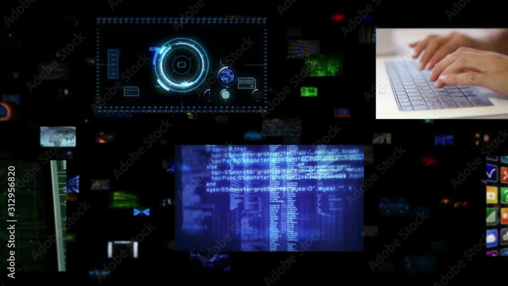 Video wall. Technology. Lateral view. Black background. Video screens ...