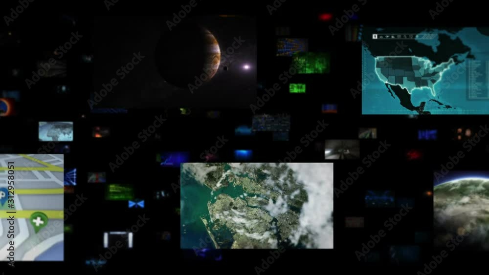 Video wall. Lateral view. Geography. Loopable. Selection of screens ...