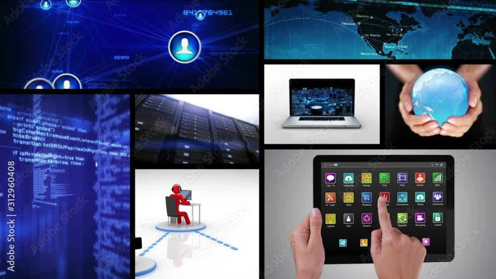 Video wall. Technology themed videos. Black background. Alpha matte ...