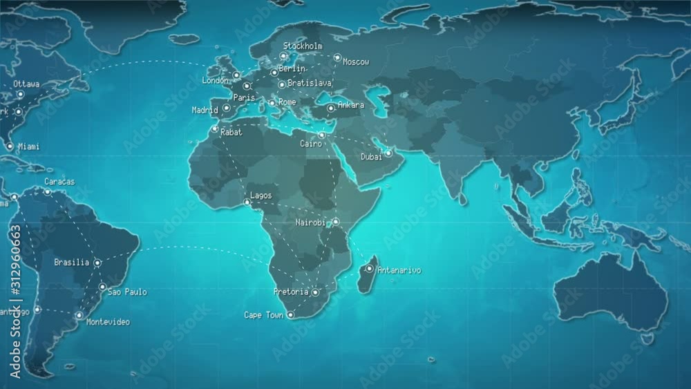 World map with connections and cities. Loopable. Blue. More color ...