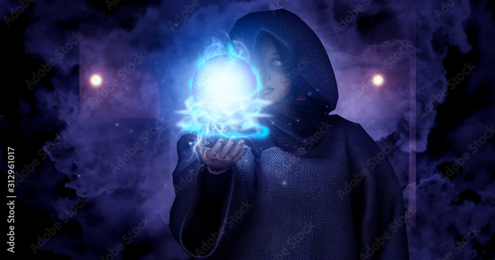 Witch raise hand for cast a black magic spell in the dark room which ...