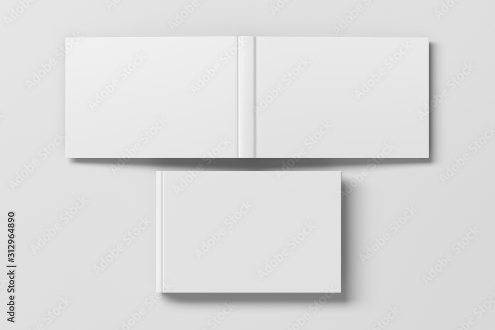 Blank white horizontal closed and open and upside down book cover on ...