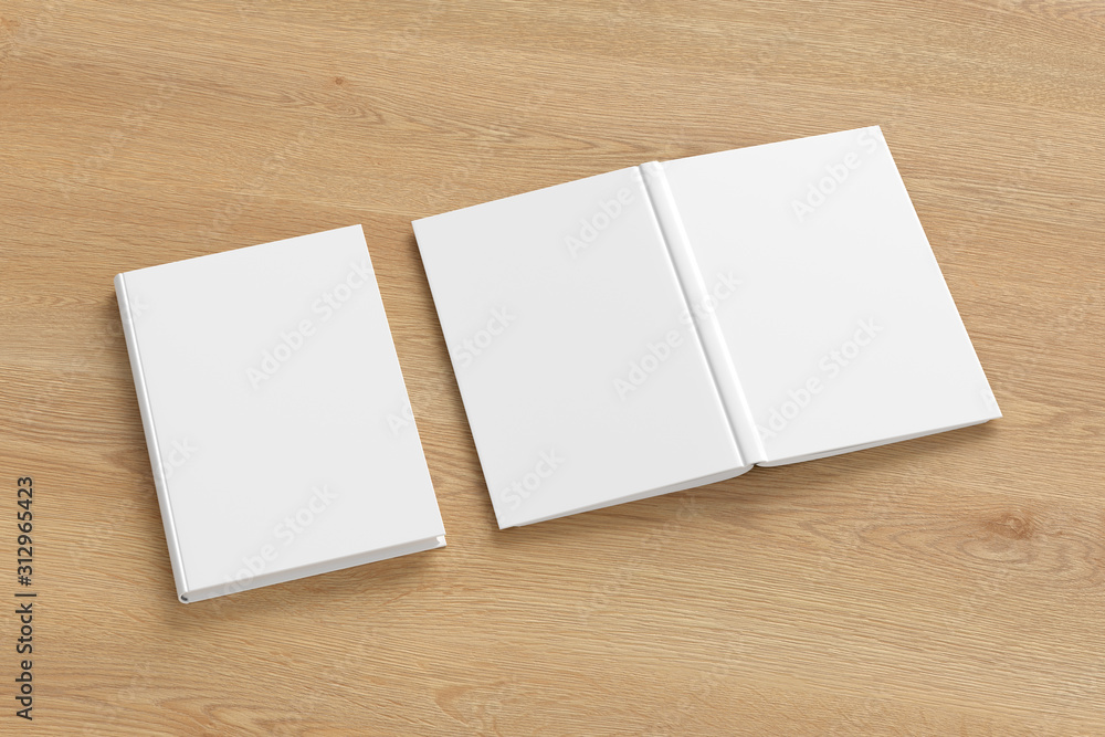 Blank white vertical closed and open and upside down book cover on ...