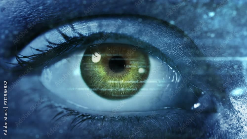 Female eye with program code. Futuristic. Technology. Green and blue ...