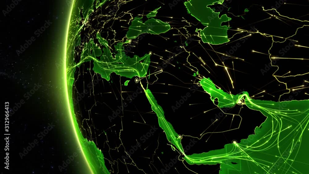Earth connections. Middle East. Animation of the Earth with bright ...