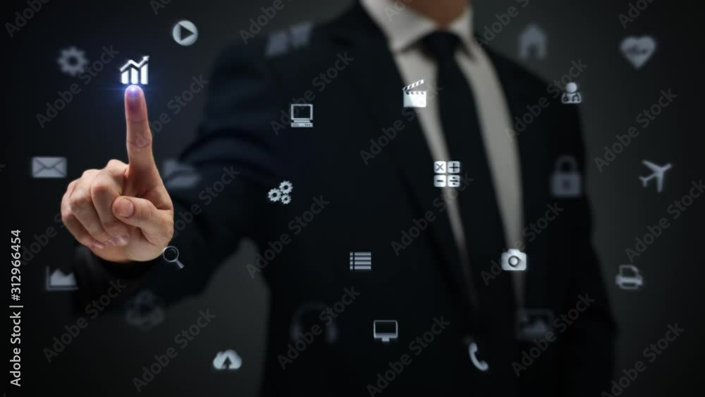 Businessman working on holographic interface. Financial. White. Man ...