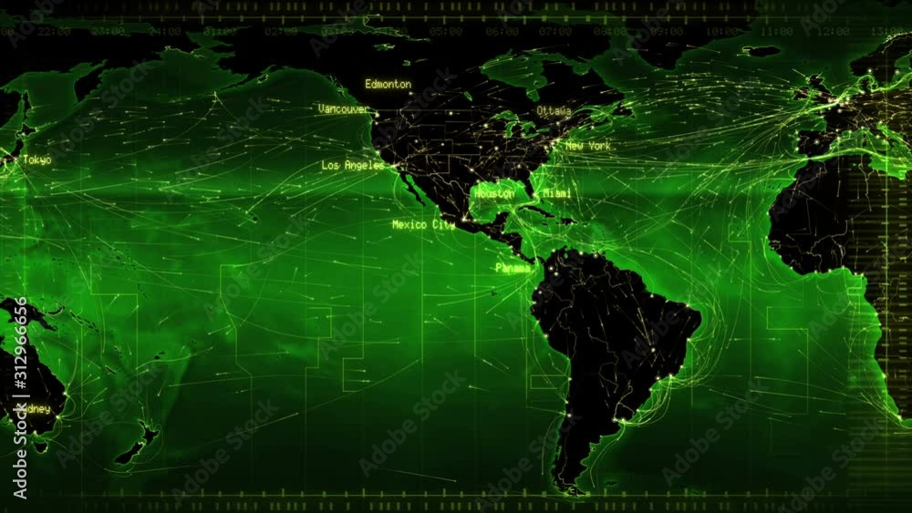 World map with connections and cities. Loopable world map with major ...