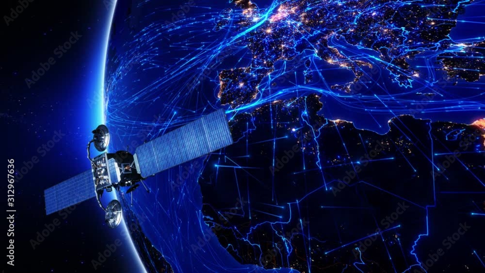 Satellite sending signals to Earth. Africa. Animation of the Earth with ...