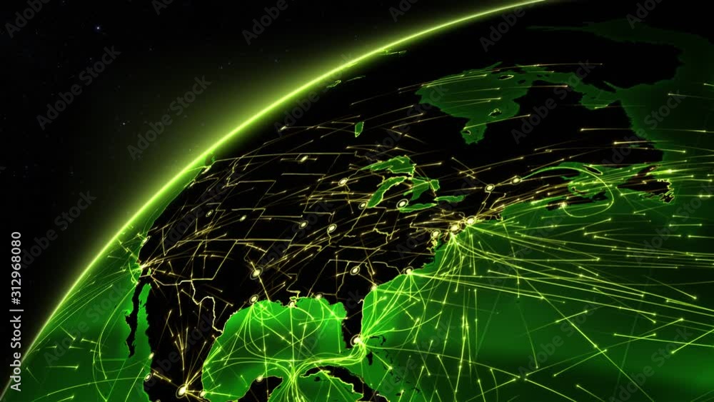 Earth connections. North America. Animation of the Earth with bright ...