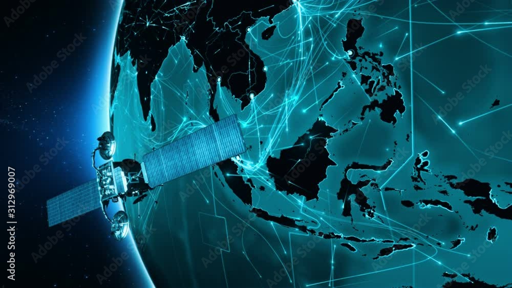 Satellite sending signals to Earth. Asia. Animation of the Earth with ...