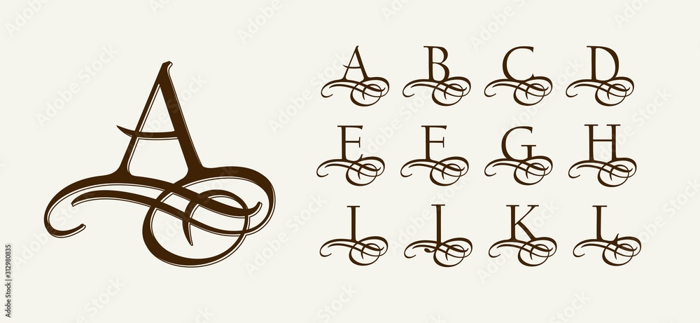 Vintage Set 1. Calligraphic capital letters with curls for Monograms ...