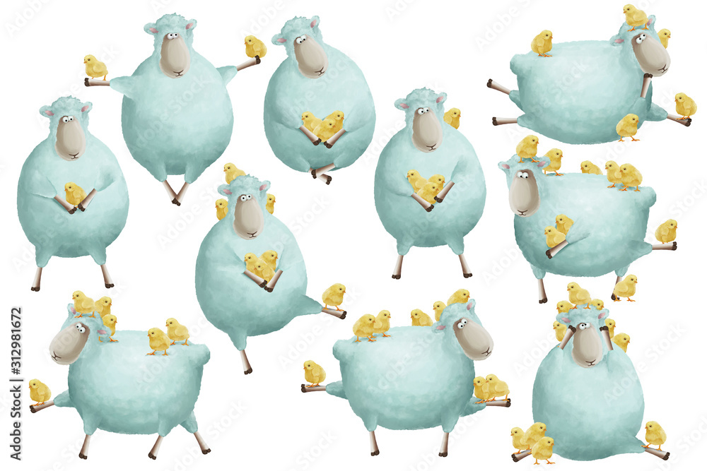 Learn count to 10 with kids. Cute little sheep with tiny chickens on ...