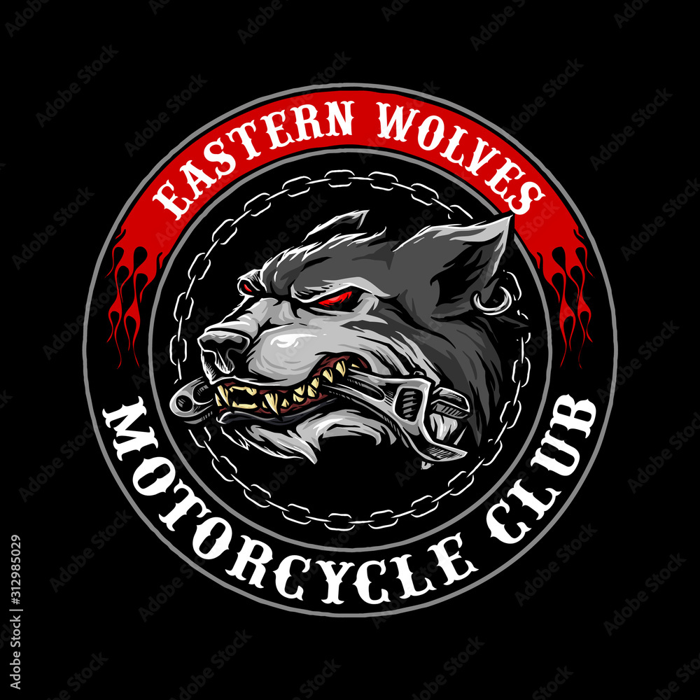 wolf head with wrench in the mouth logo for motorcycle club vector ...