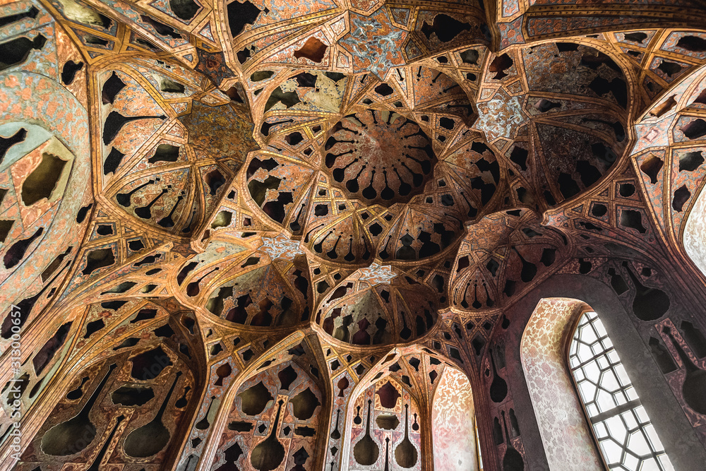 Isfahan, Tehran - October 20, 2016: Decorated ceiling of Music Hall in ...