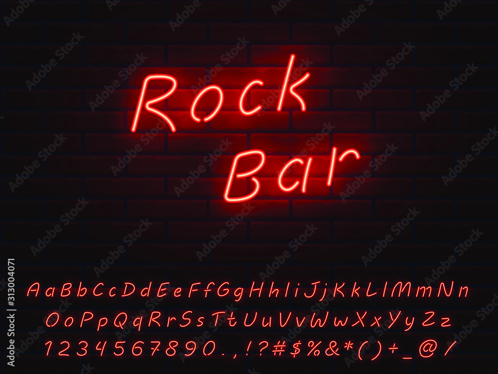 Set of red neon font. Editable letters, numerals, signs, icons with ...